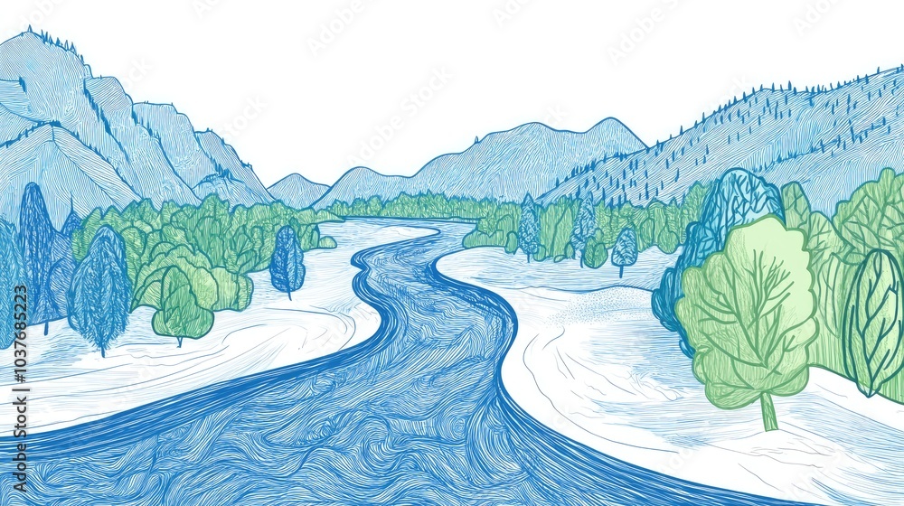Line art illustration promoting the celebration of rivers suitable for ...