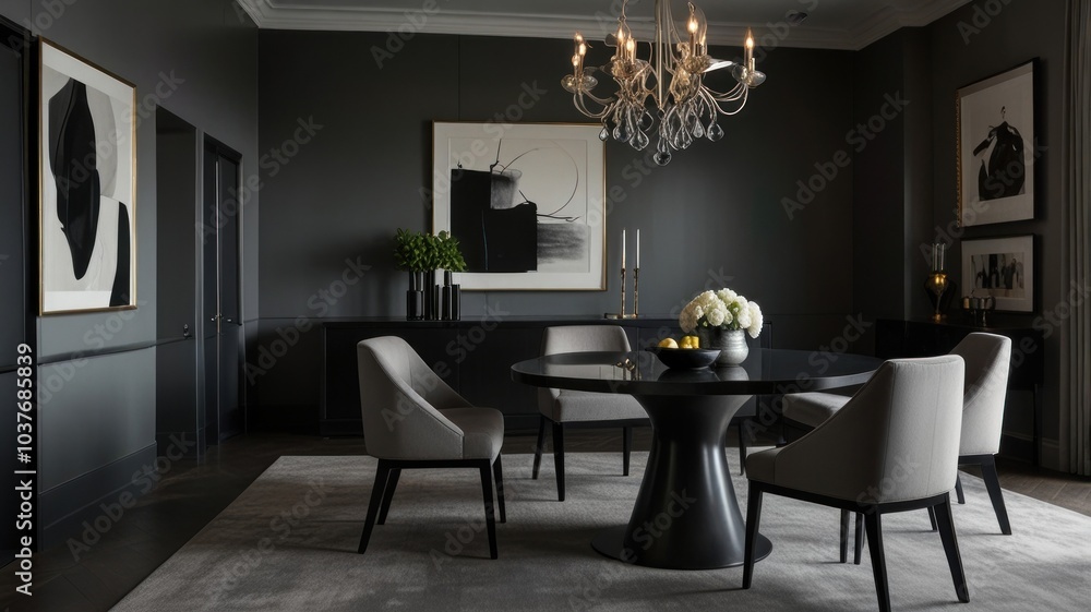 a modern and luxurious dining room with a dark and dramatic color ...