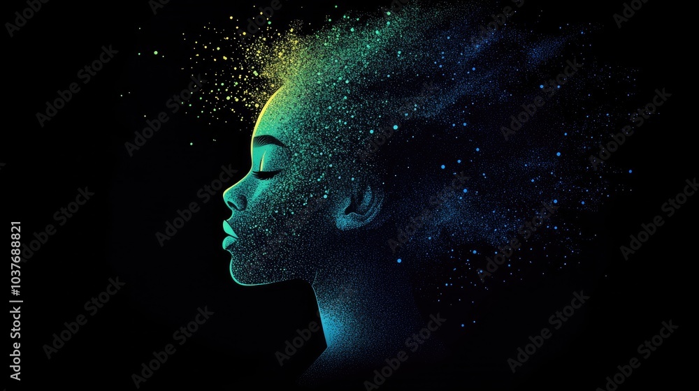 2D cartoon illustration of a female face silhouette dissolving into a ...