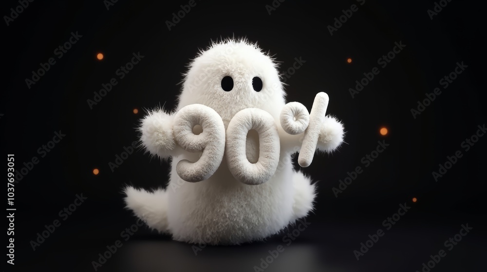 3D render of a white, fluffy ghost holding inflated “90%” sign in hands ...