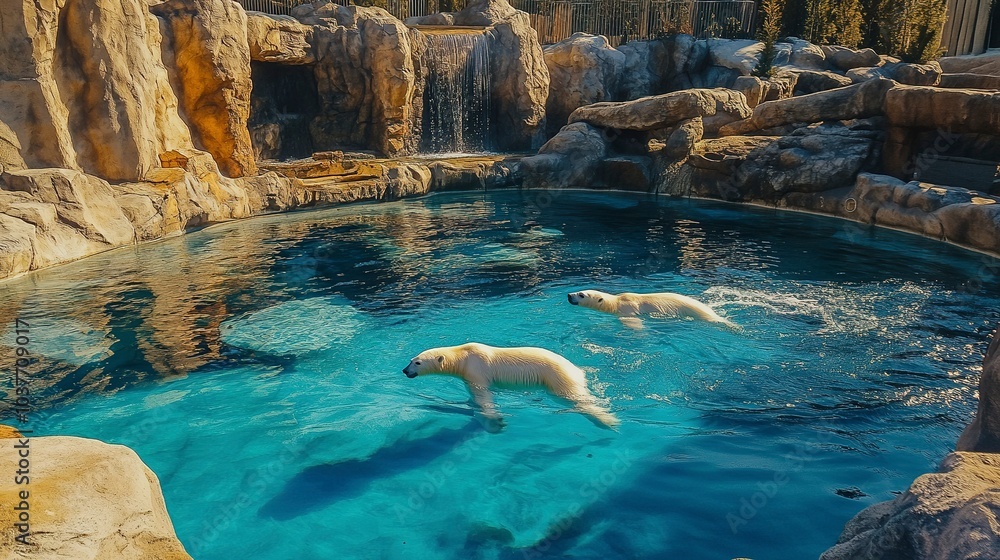 Arctic zoo exhibit midday polar bears swimming in a large water ...
