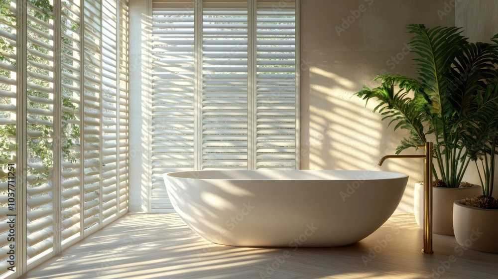 3D rendering of a modern luxury soaking tub featuring a brass faucet ...