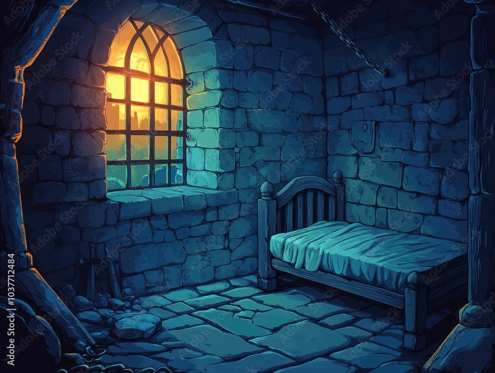 Dark medieval castle dungeon cartoon backdrop featuring an unoccupied ...