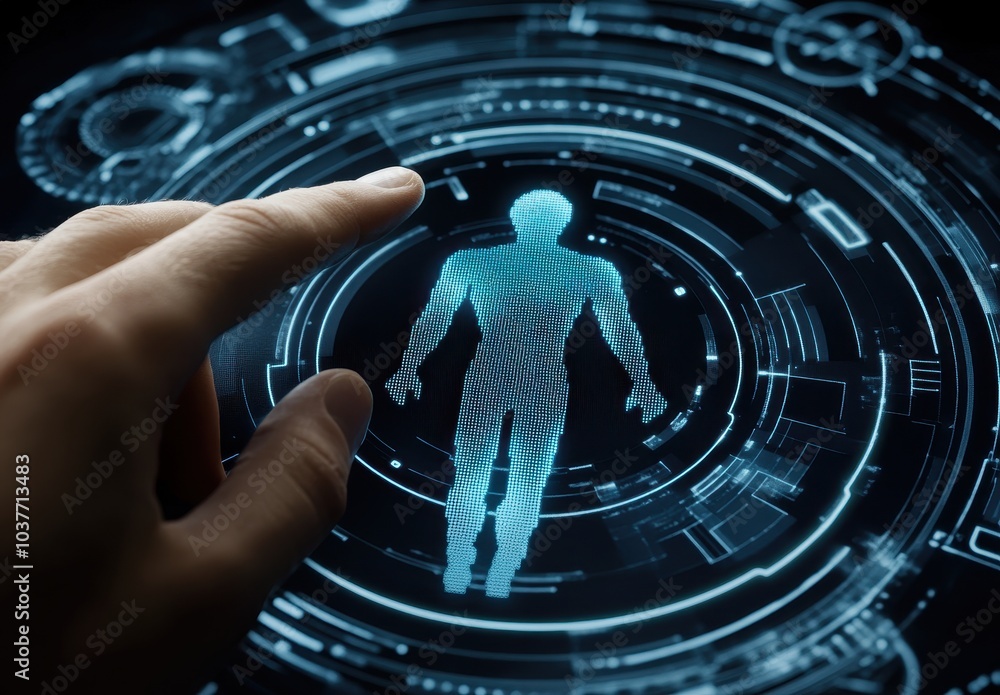 A finger pressing the button on an icon of a human figure, the focus is ...