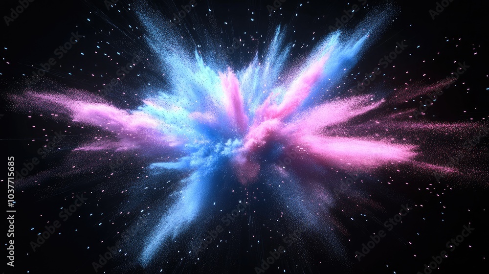 Explosion of pink and blue powder on a black background in 3D cartoon ...