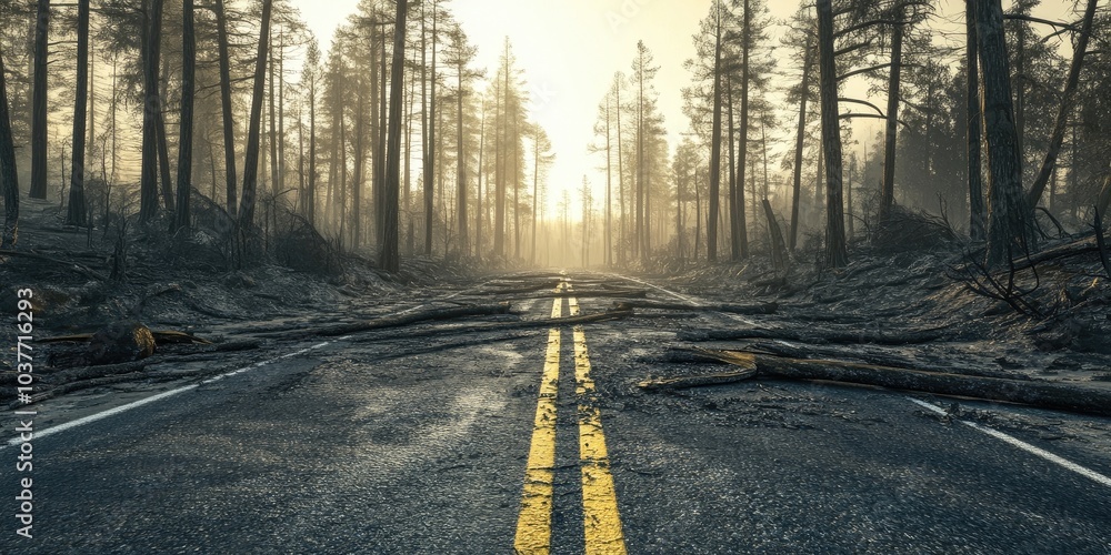 Road passing through a forest affected by extensive wildfire damage ...