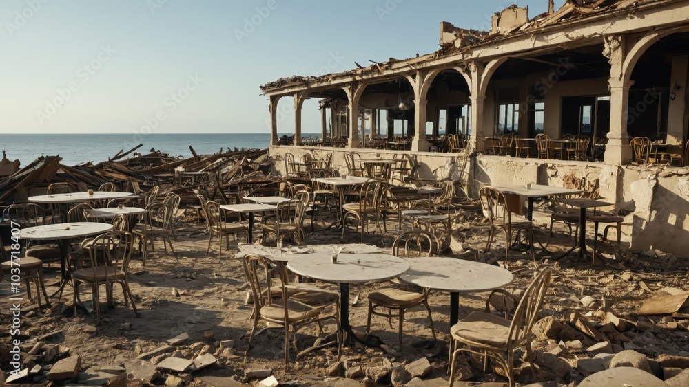 Destroyed beachfront restaurant with broken chairs and tables after a ...