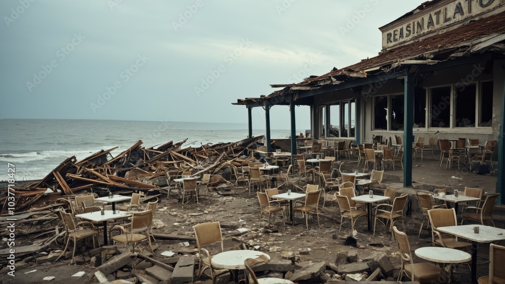 Destroyed beachfront restaurant with broken chairs and tables after a ...