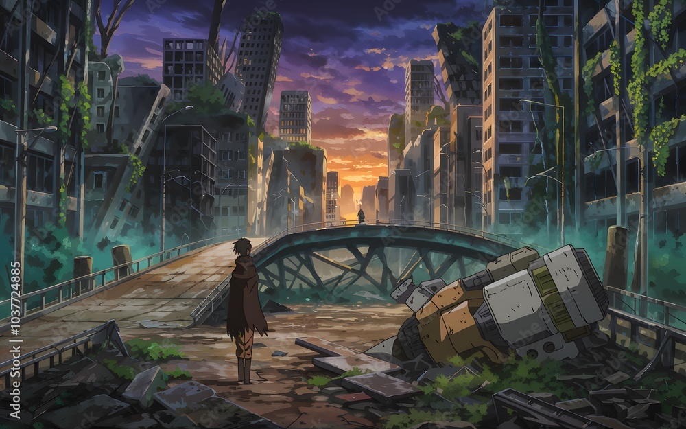 Post-Apocalyptic Anime City A desolate, post-apocalyptic anime-style ...