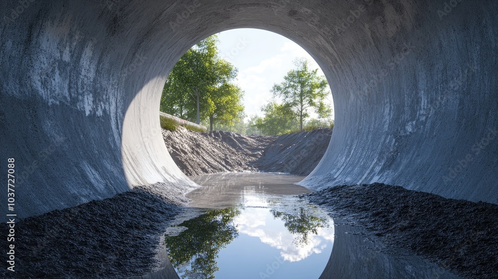 Drinking water pipes are placed at a construction site viewed through a ...