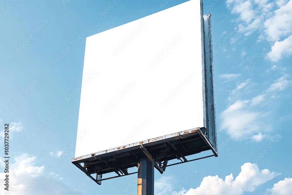 Outdoor pole billboard on blue sky background with mock up white screen ...