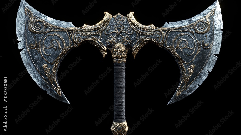 Double bladed fantasy battle axe 3D render of a dark hatchet depicting ...