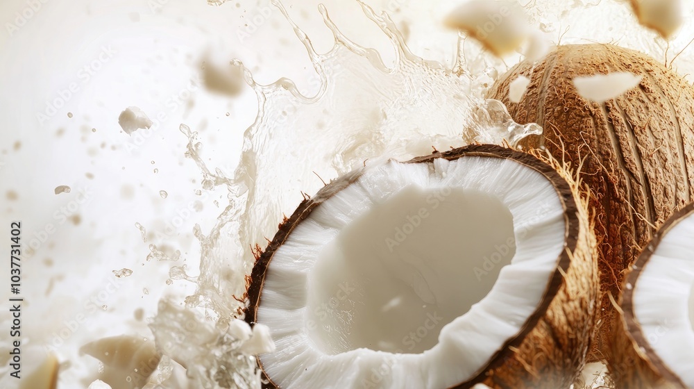Fresh coconut with white flesh against a white backdrop Splash of ...