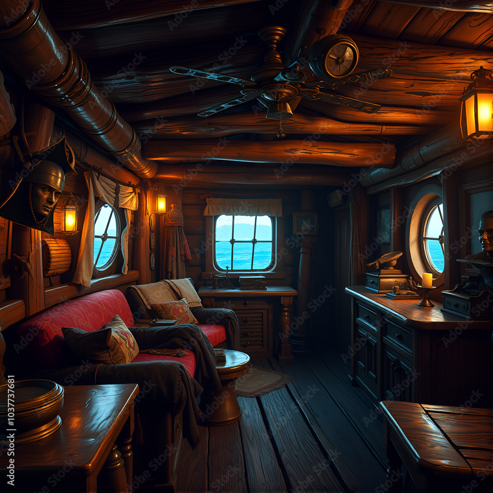 The rustic yet commanding cabin of a pirate ship's captain, filled with ...