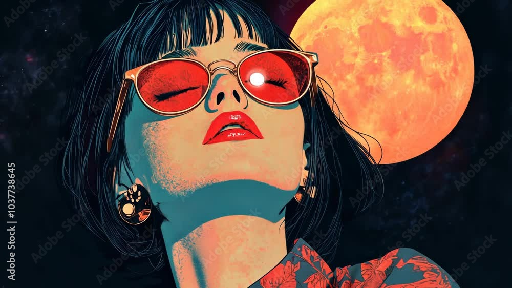 A woman with red lips and sunglasses stares up at the moon on a clear ...