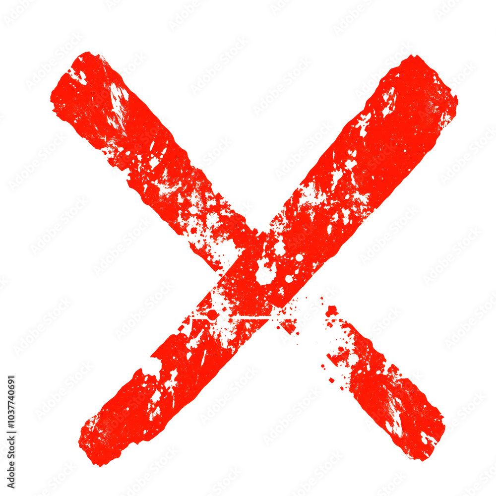 Red grunge X icon, standalone on white backdrop, symbolizes error ...