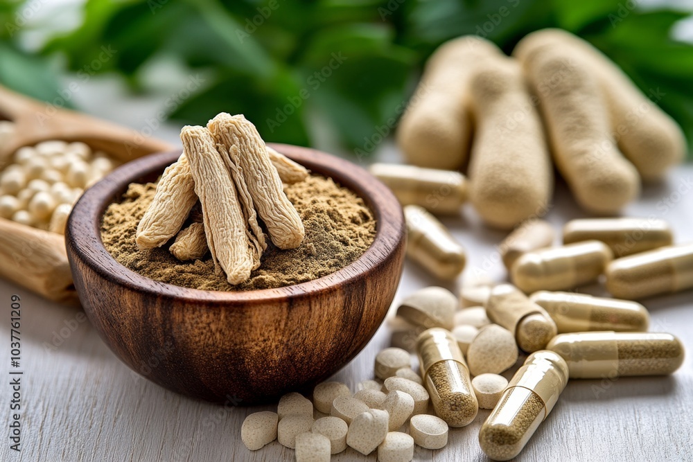 Herbal supplements, depicted in a natural scene with capsules and ...