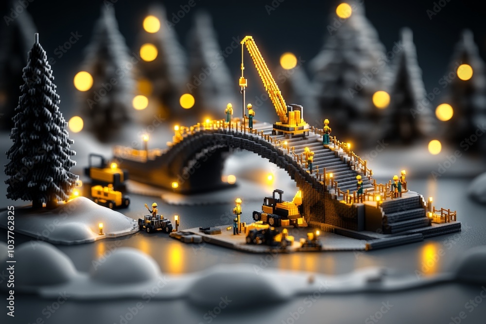Pixel art of a construction site with engineers building a bridge, with ...