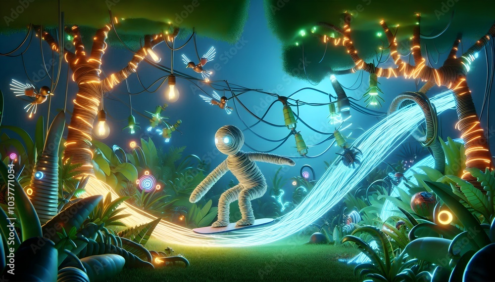 3d rendered wire cartoon characters explore a glowing jungle ...