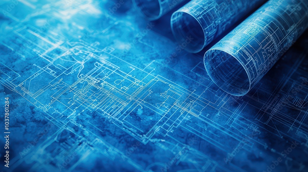 Blueprints and technical designs with blueprints rolled up, showcasing ...