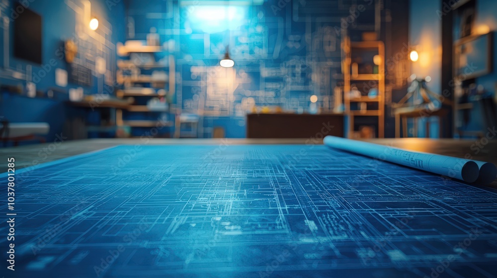Blueprints on a table in a modern workshop, showcasing design plans and ...