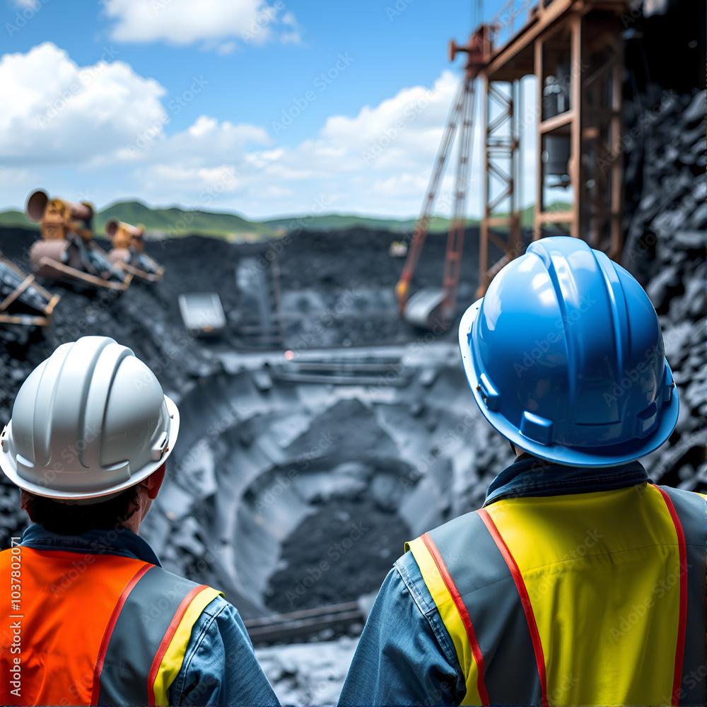 Two workers wearing safety helmets are looking at the coal mining ...