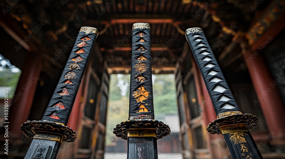 Four ornate samurai swords with gold and black designs on their grips ...