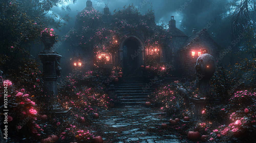 horror haunted abandoned Halloween garden at night with horror robots ...