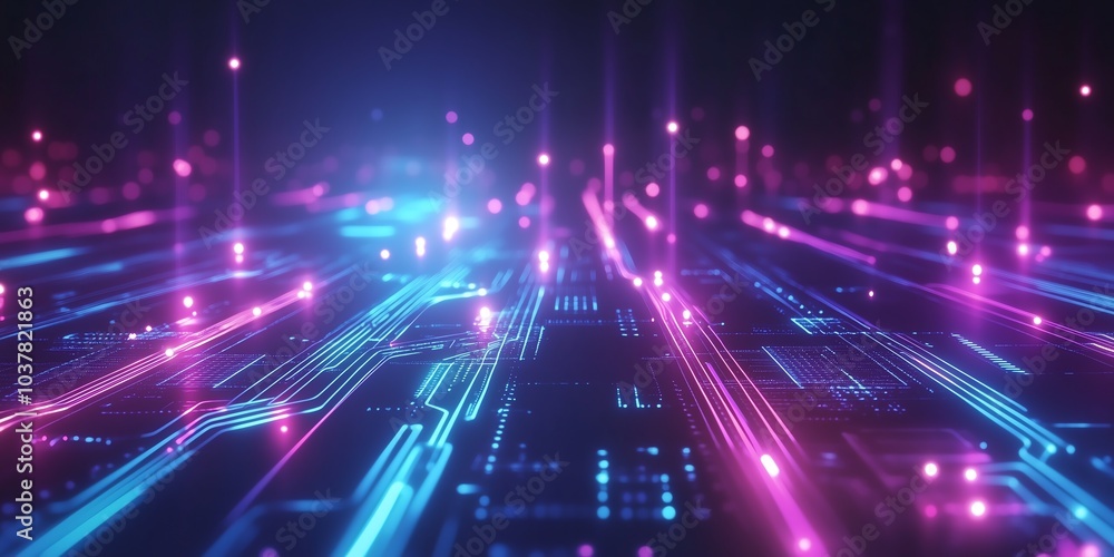 Poster AI semiconductor chip with neon effect on a tech circuit ...