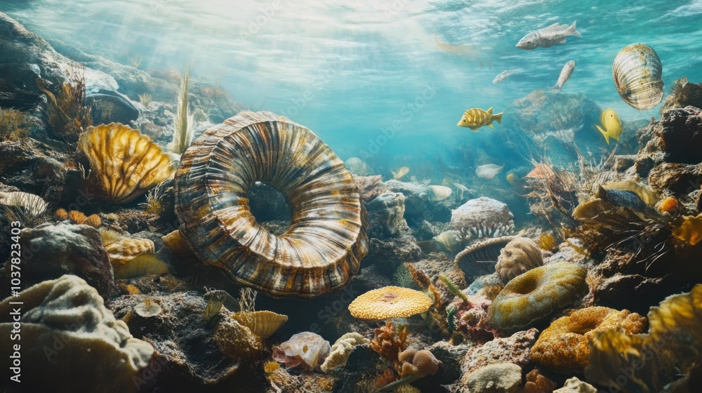 Ancient marine life thriving in a prehistoric coral reef, filled with ...