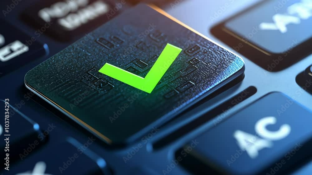 A green checkmark on a black button signifies completion on a dark blue ...