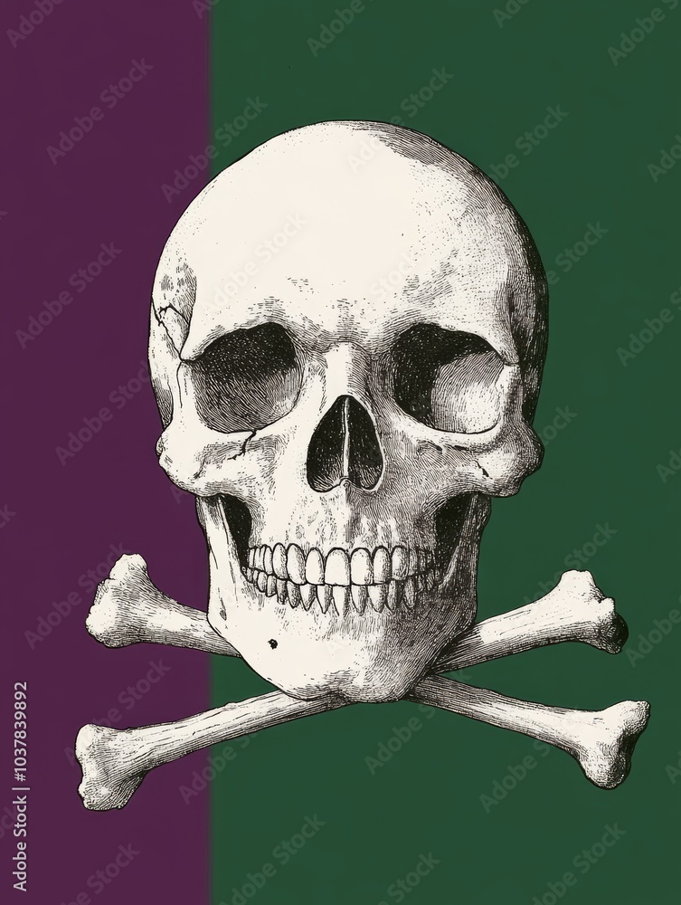 A classic skull and crossbones rendered in a retro comic style with ...