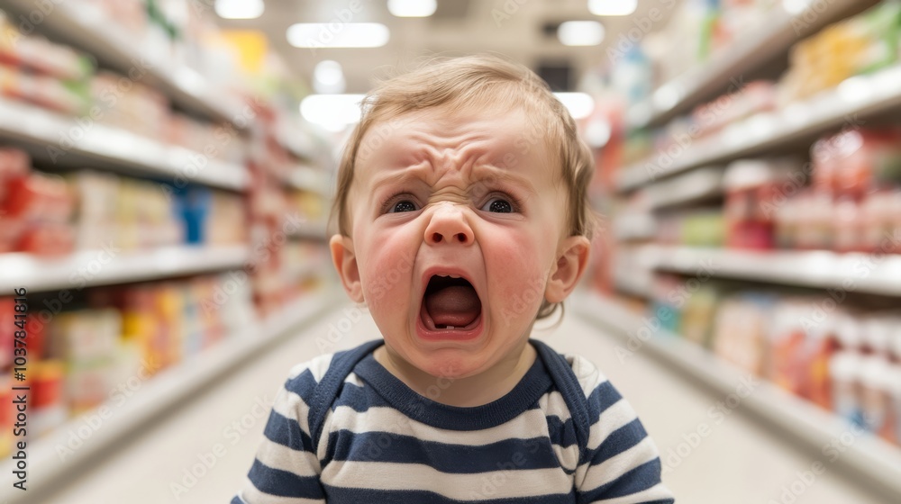 A toddler throws a tantrum in a grocery store aisle, lying on the floor ...