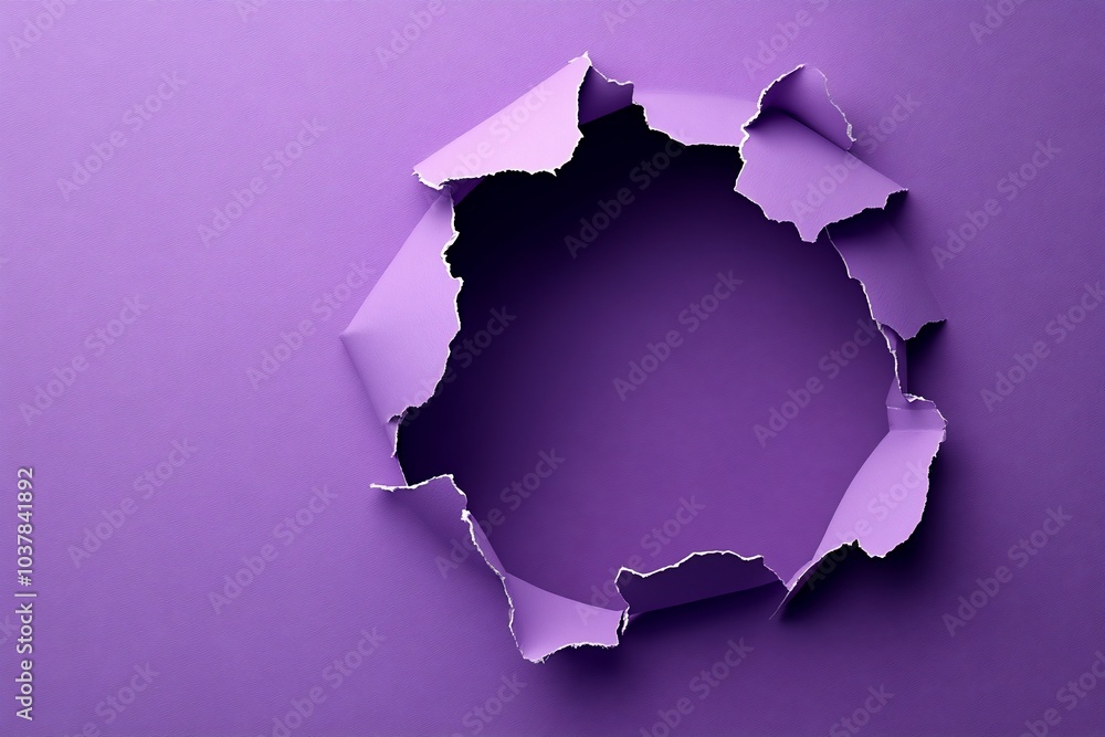 Torn purple paper with a circular hole, creating a frame for text or an ...