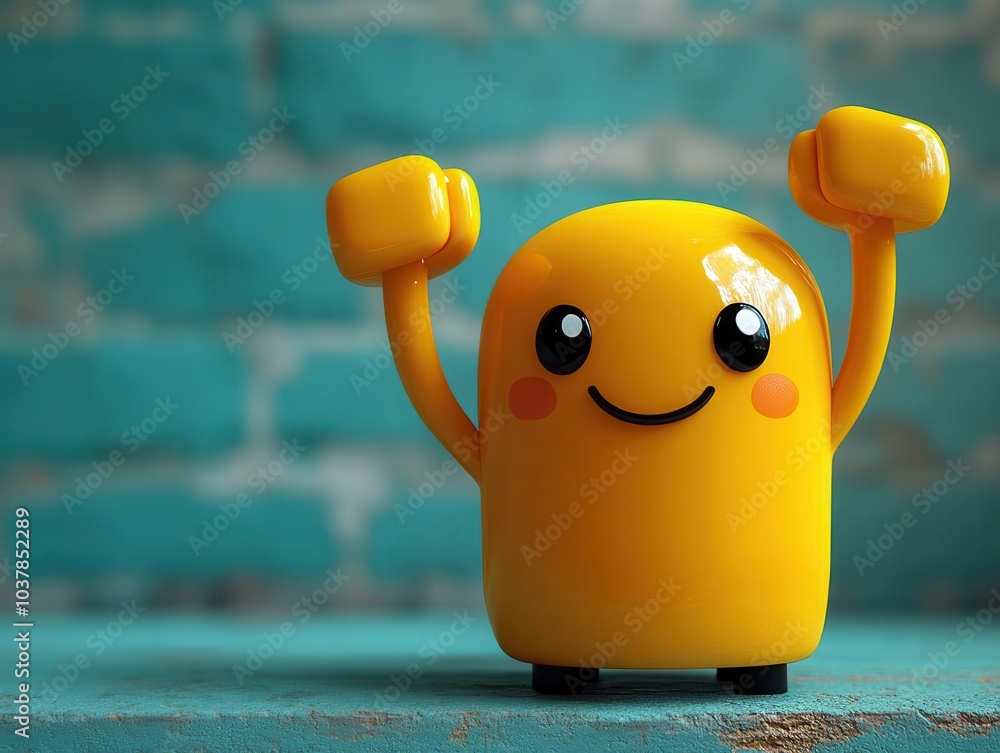 a cheerful yellow emoji hand raises high in celebration, radiating ...