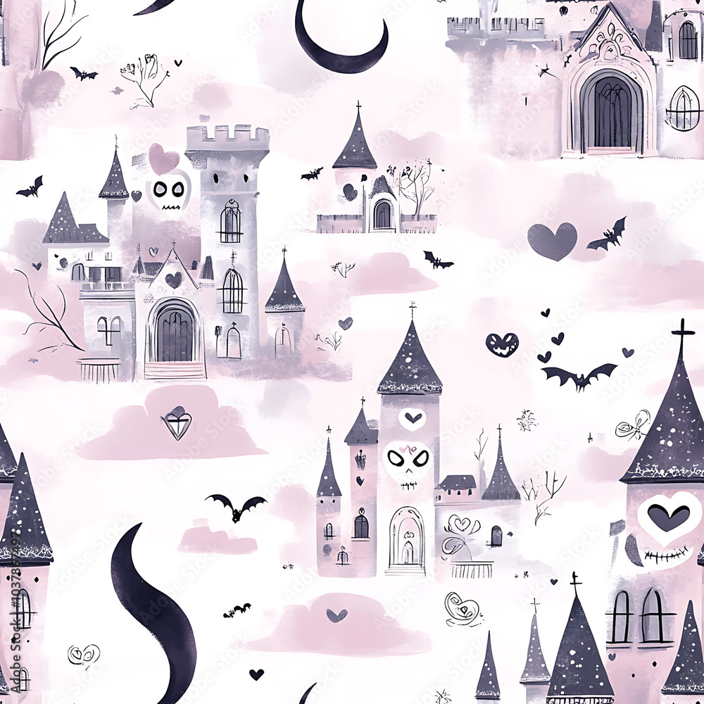 Seamless Repeating Pattern of a Castle with Bats and Gothic Elements ...
