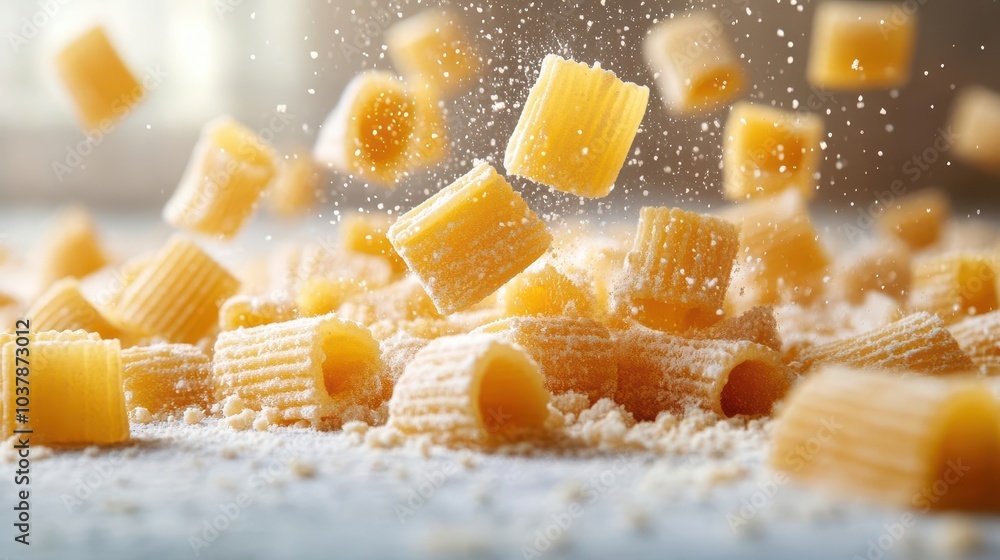 falling raw tubetti rigatti pasta captured in midair against a clean ...