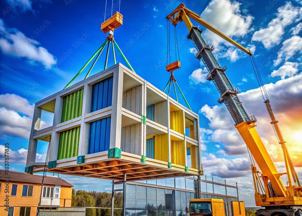 At the construction site, a crane elevates a modular building segment ...