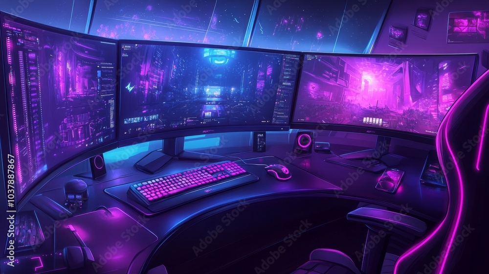 Generative AI illustration of a next-gen gaming setup with curved ...