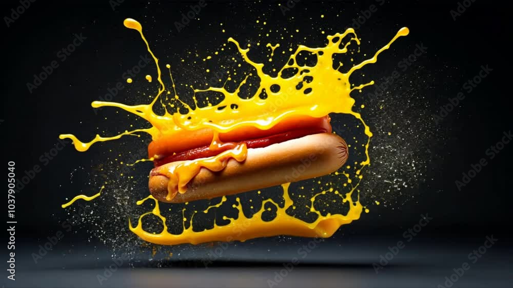 Hot Dog Splash: A vibrant and dynamic image of a hot dog suspended in ...