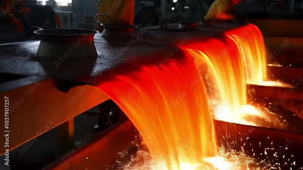 Molten metal being poured into molds in a steel manufacturing plant ...