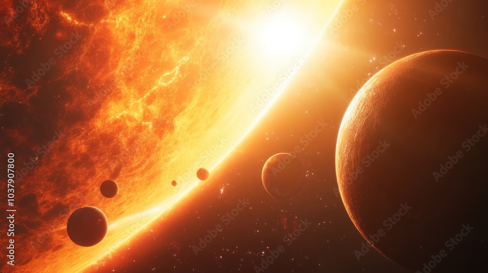 A newly discovered solar system with six glowing planets orbiting a ...