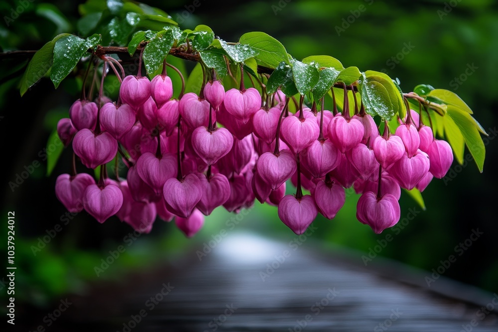 Lamprocapnos spectabilis in a spring garden, its heart-shaped pink ...