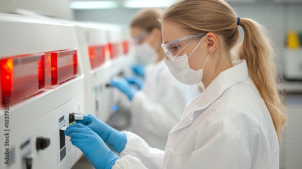 Scientists in micrological lab sequencing microbial genomes side view ...