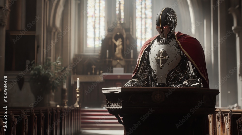 AI robot in priest robes preaching from a pulpit in a traditional ...