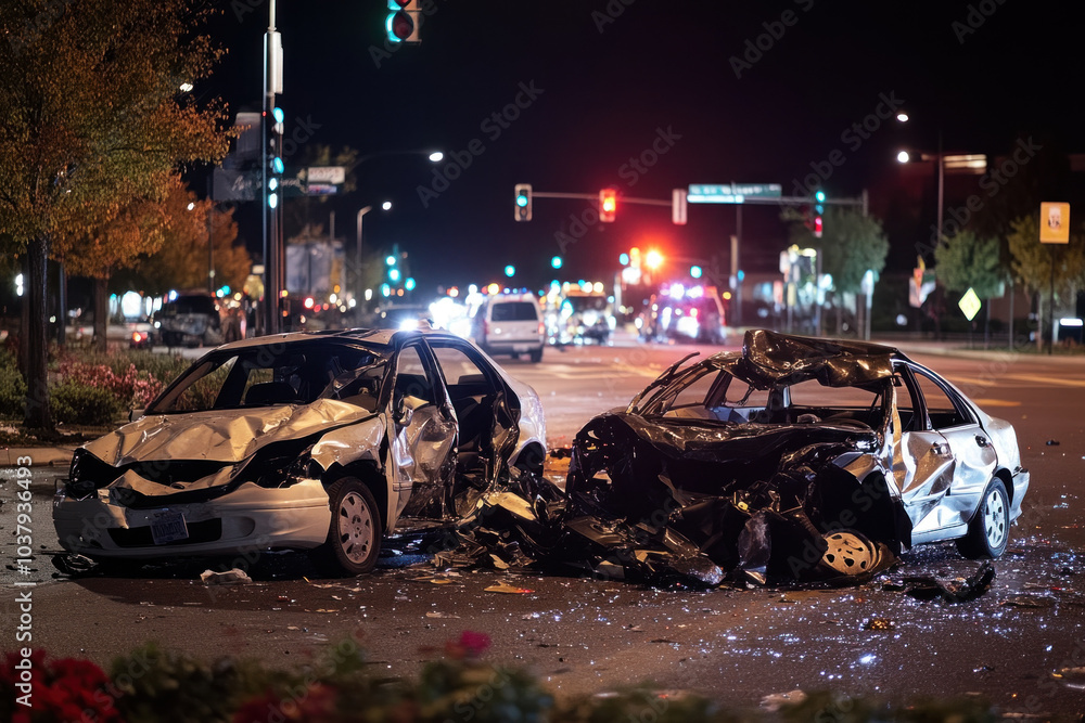 Severe car accident scene showing two wrecked vehicles in an ...