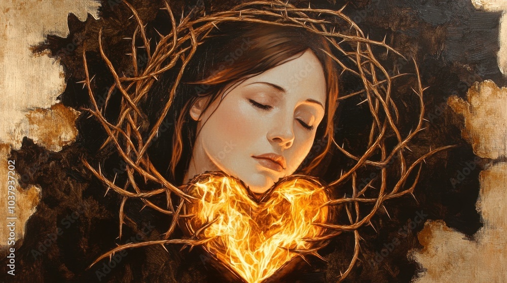 Artistic portrayal of the Immaculate Heart of the Holy Mary, with a ...