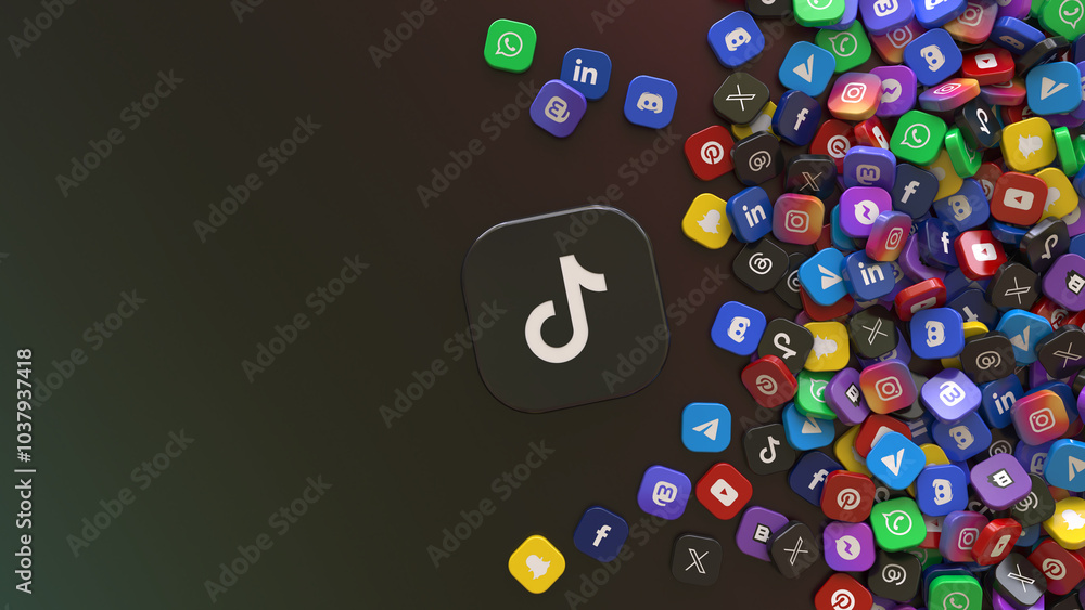 3d square plate with Tik Tok icon surrounded by many plates with the ...