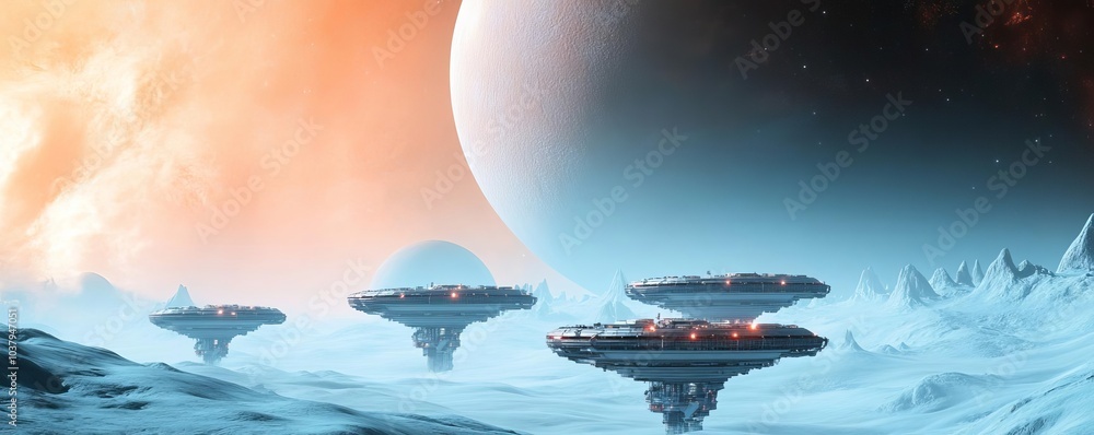 Space colony on a gas planet with massive platforms floating above the ...