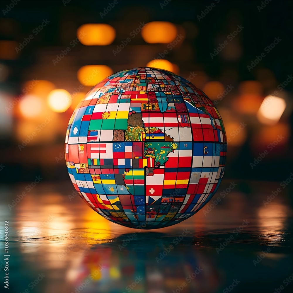 Illuminated globe showcasing diverse flags, symbolizing global unity ...